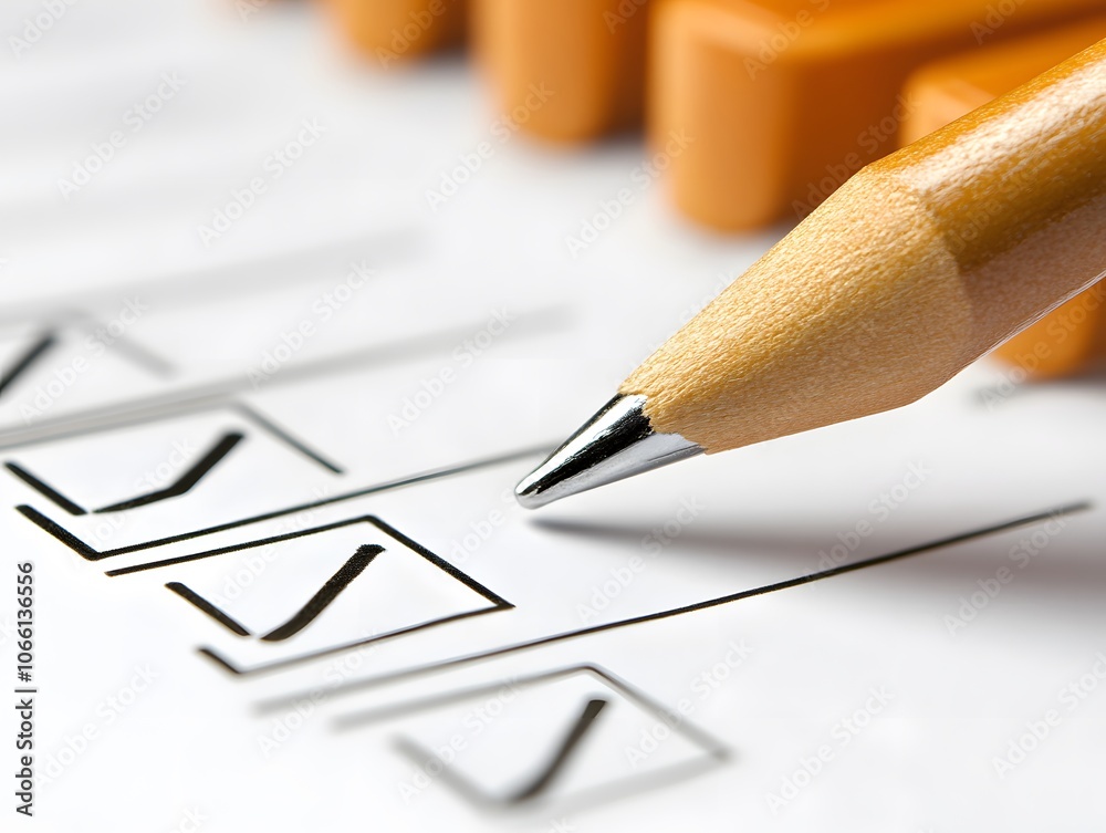 Close-up of a pencil marking a checkbox on a checklist, symbolizing ...