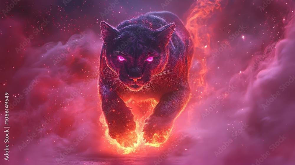 Majestic Black Panther with Glowing Eyes Emerging from Fiery Mist in a ...