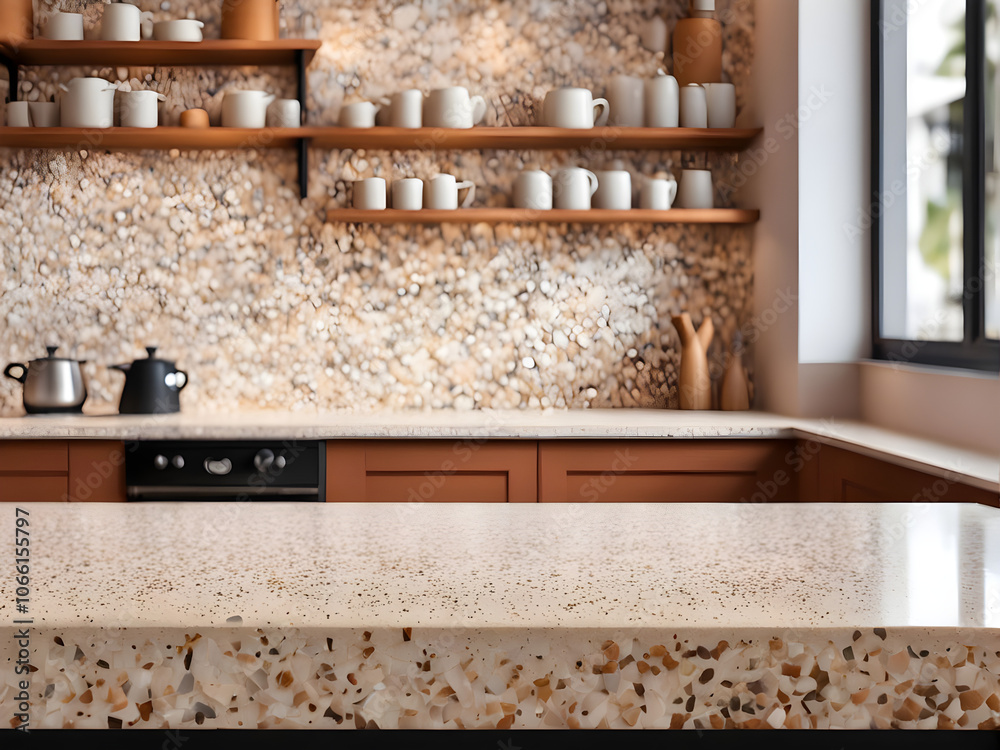 beige brown terrazzo stone table top on blur cafe minimal kitchen ...
