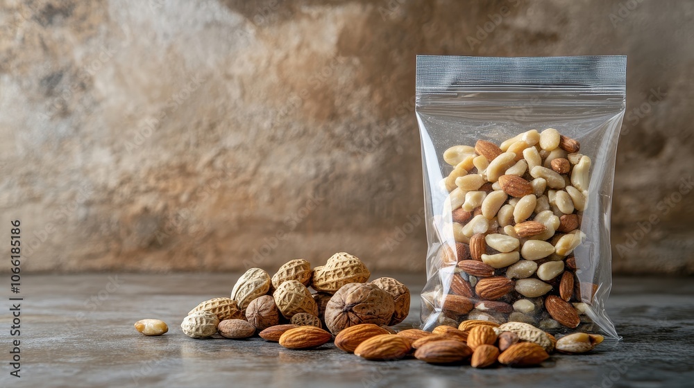 Plain food packaging displayed with dried nuts and seeds in a kitchen ...