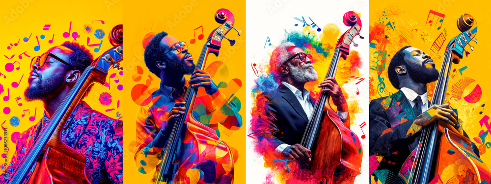 Jazz Bass Player Collage: A vibrant and colorful collage of a jazz bass ...