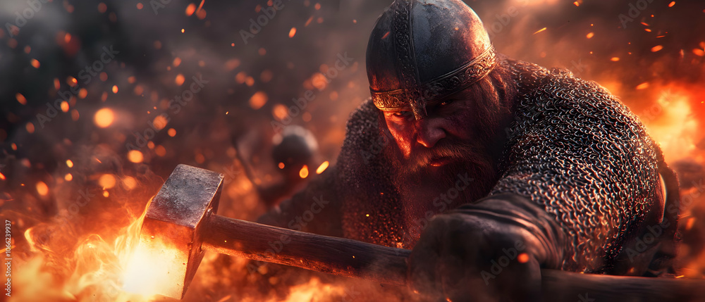 Dramatic scene of a fierce warrior in battle amidst flames and smoke ...