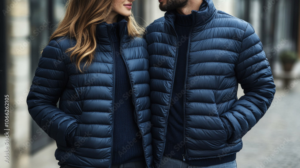 Caucasian man and woman wearing matching navy blue puffer jackets for ...
