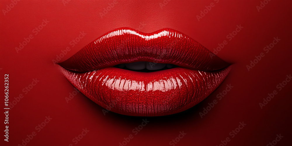 Red lips banner background with beautiful female lips macro view with ...