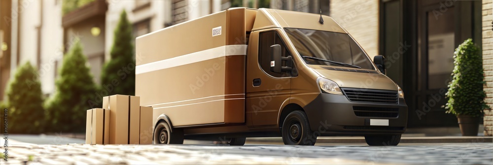 Delivery Van with Cardboard Boxes in an Urban Setting - Panoramic ...