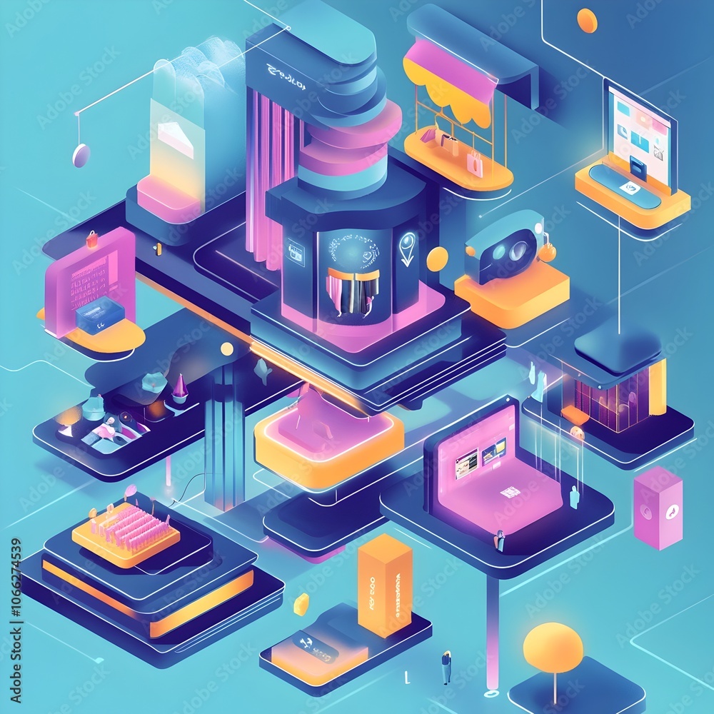 Immersive Isometric of a Futuristic E commerce Platform with Vibrant ...