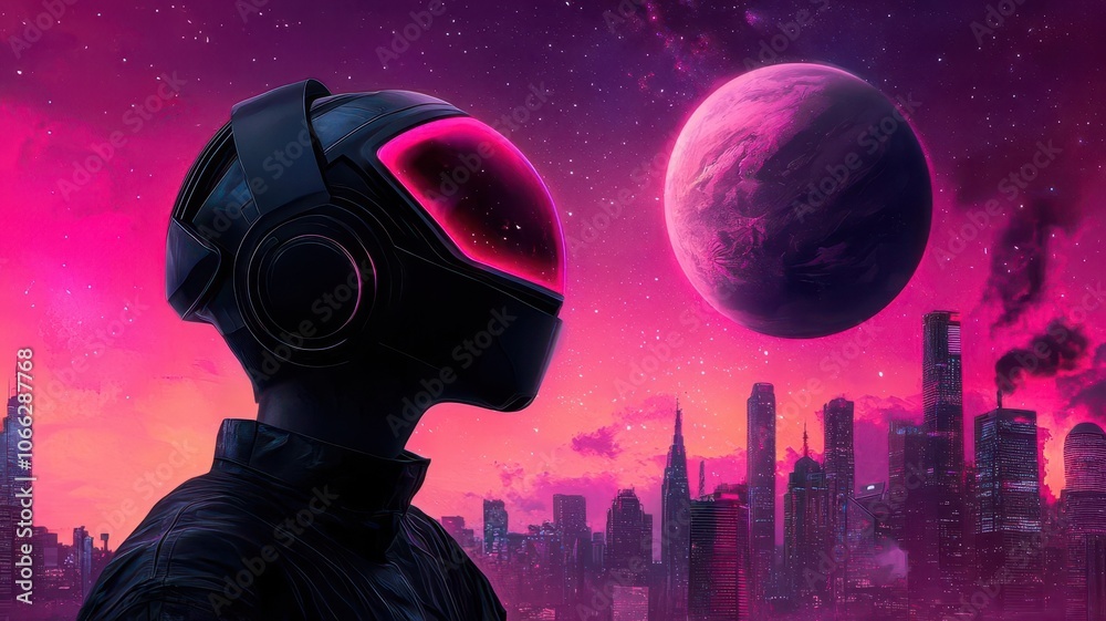 User immersed in an AI powered VR world filled with futuristic visuals ...