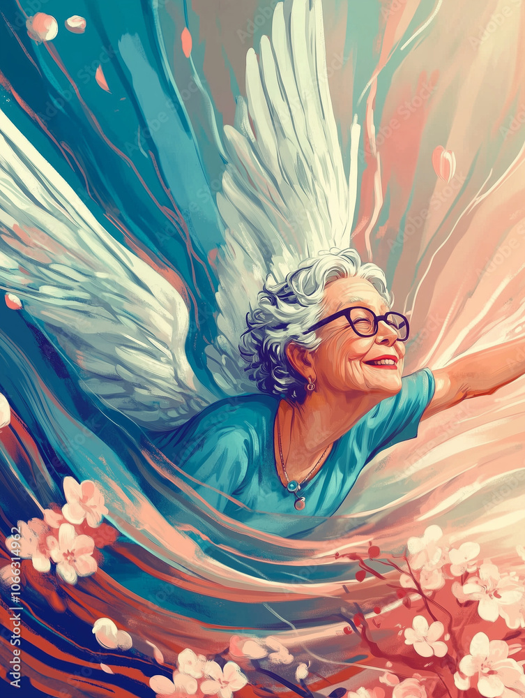 cartoon characters old passed away grandma became an angel, laying down ...