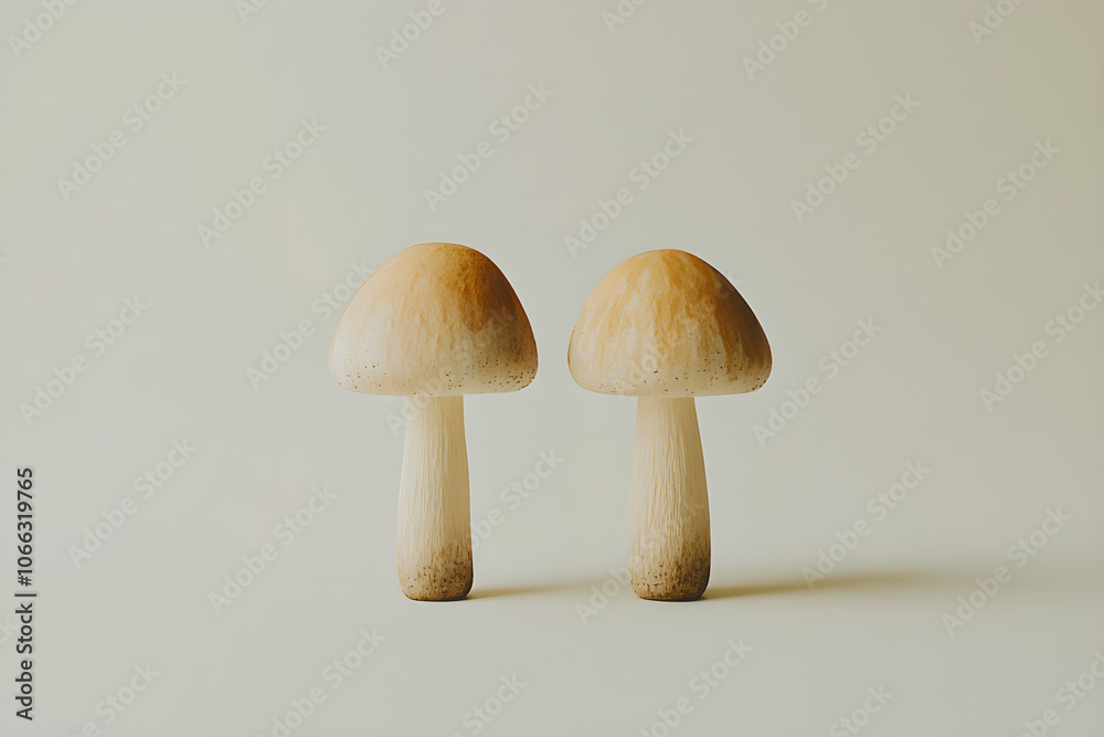 Two plain, ivory-colored mushrooms are standing side by side ...