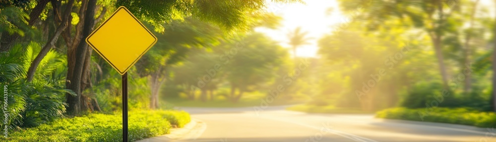 Vibrant yellow road sign, a cautionary symbol on the highway's edge ...