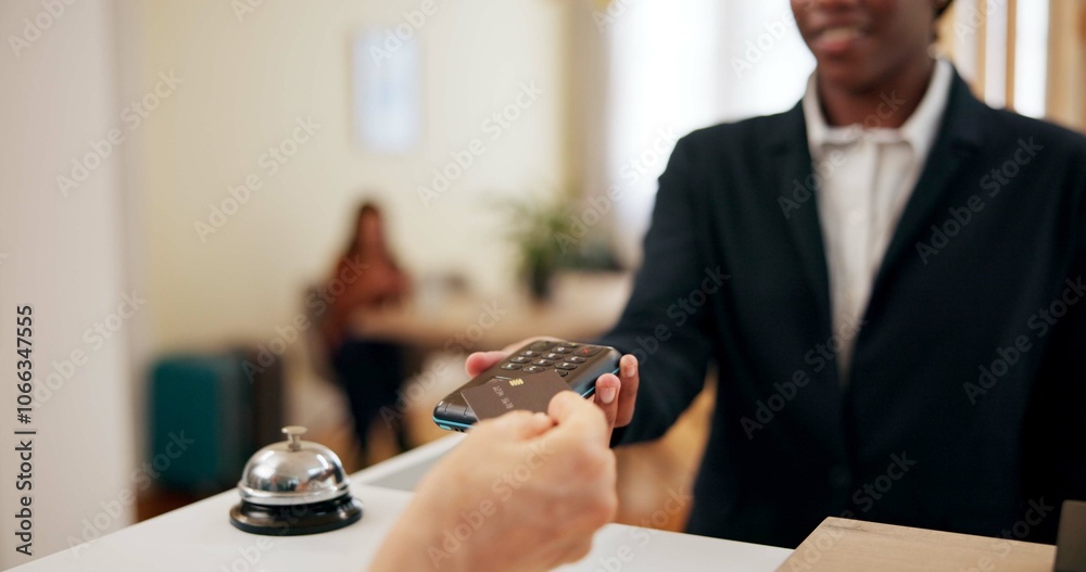 Concierge, hands and hotel reception with payment, credit card and ...
