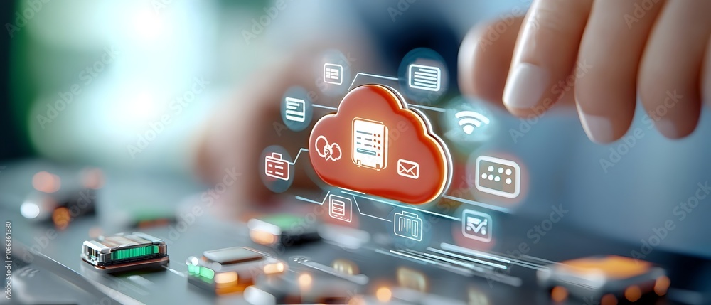 Futuristic Hologram Of Cloud Storage Services With Icons For Backup Synchronization And Database