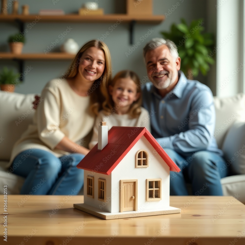 Family smiling behind miniature house model, cozy living room interior ...