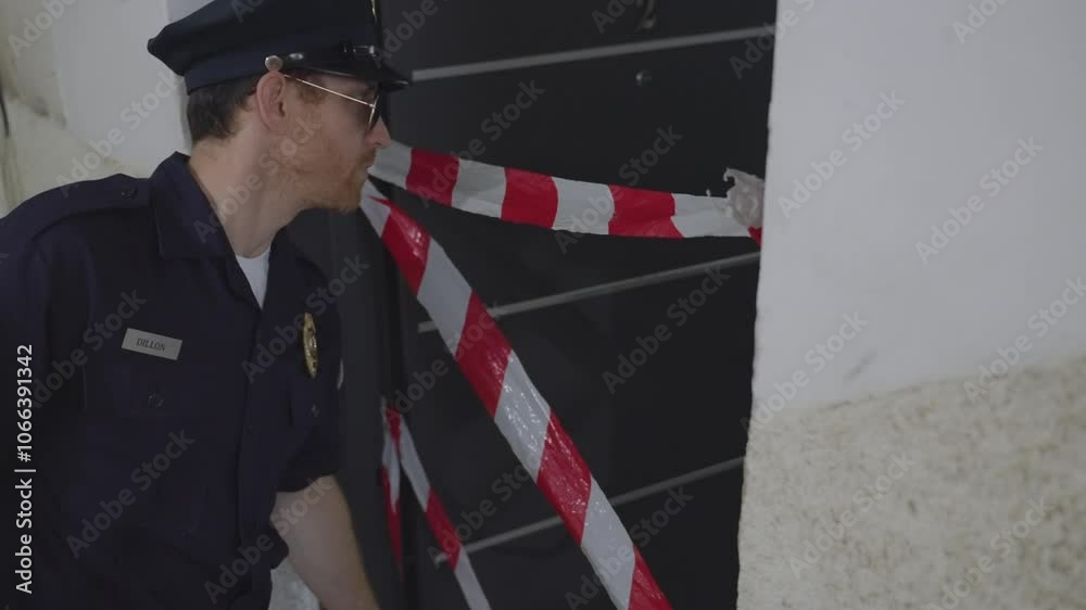 A police officer arrives at a crime scene, entering through the main ...