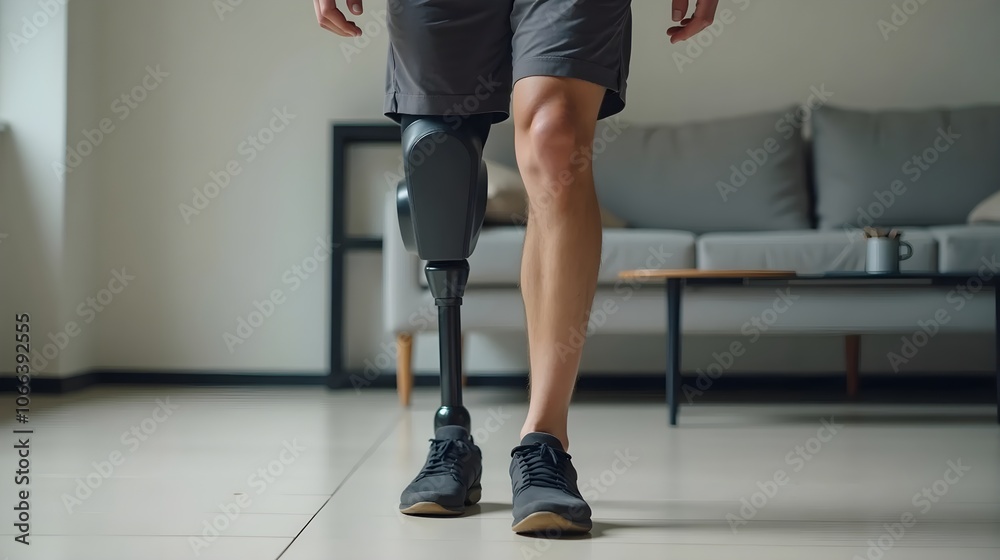 Man amputee with prosthetic leg disability on above knee transfemoral ...
