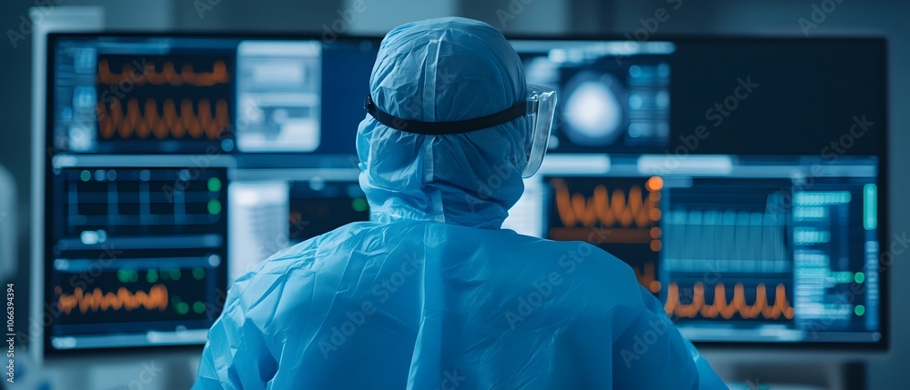 Smart healthcare technology with doctor monitoring patient vitals on a ...