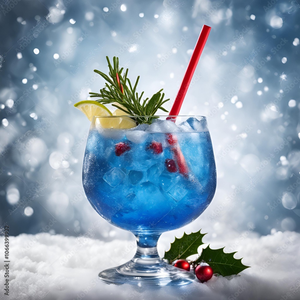 Realistic Christmas Blue Mocktail with Minimalist White Background and ...