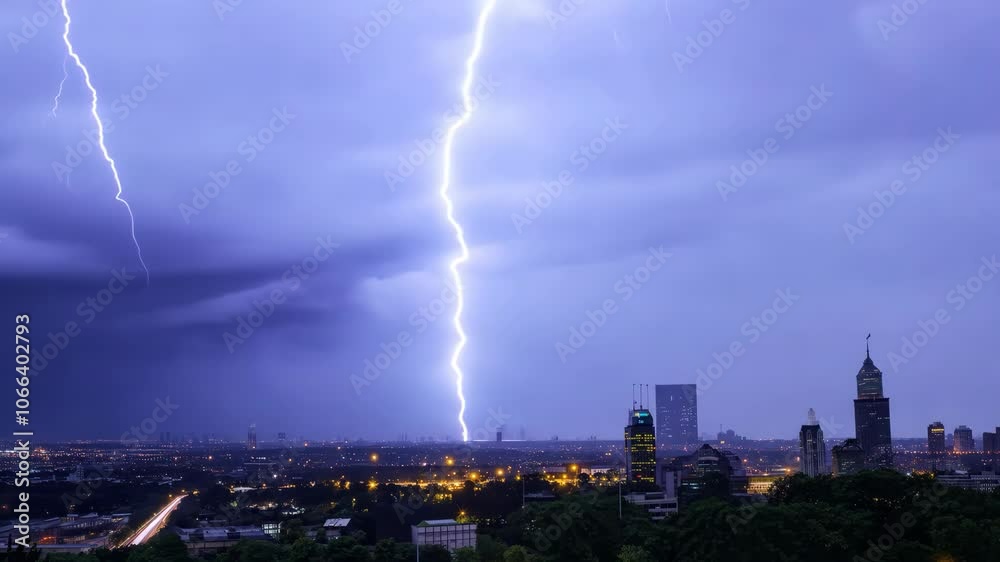 Lightning bolt over cityscape with illuminated buildings at night ...