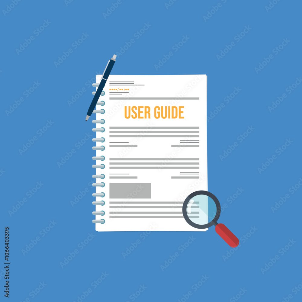 User guide with magnifying glass and pen. User manual. Vector ...