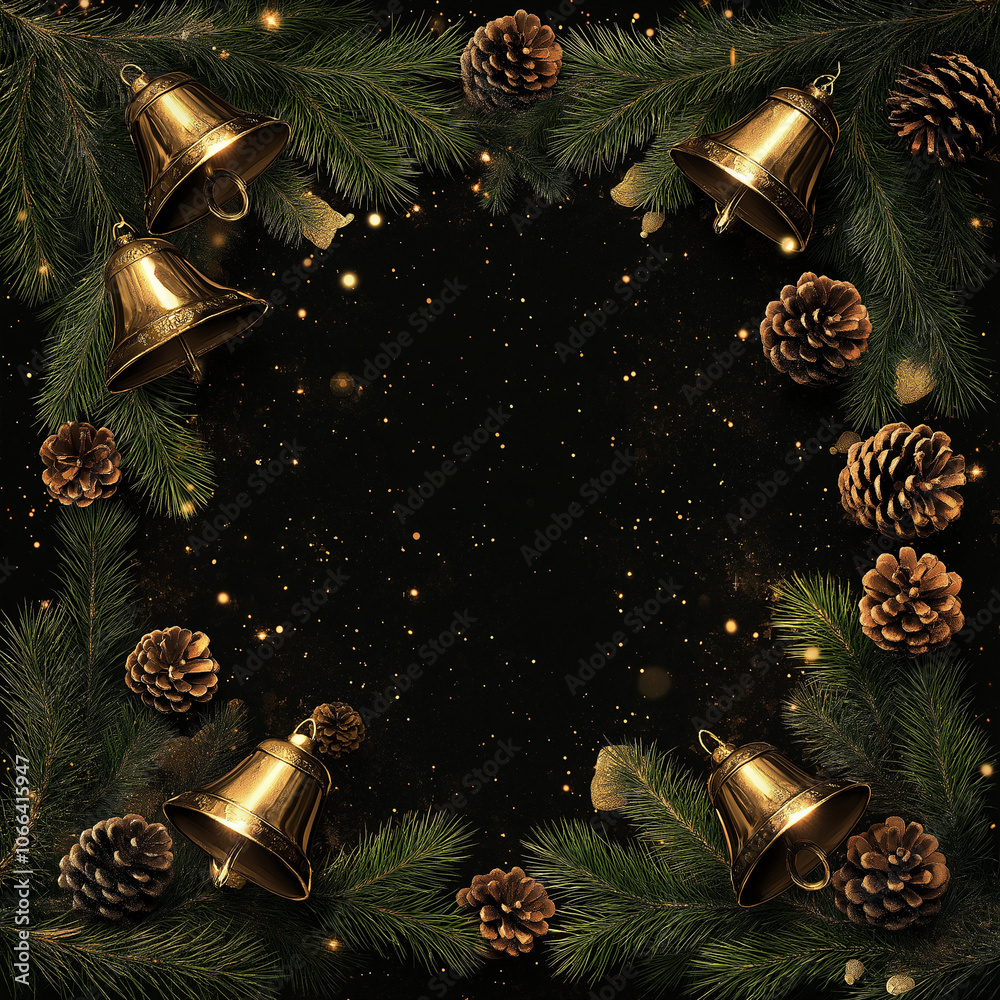 Golden Bells at Night: A Festive Christmas Frame with Shining Golden ...