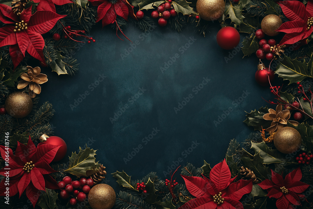 Royal Christmas Frame: An Elegant Vintage Border with Golden Frame Details, Deep Red Poinsettias ...