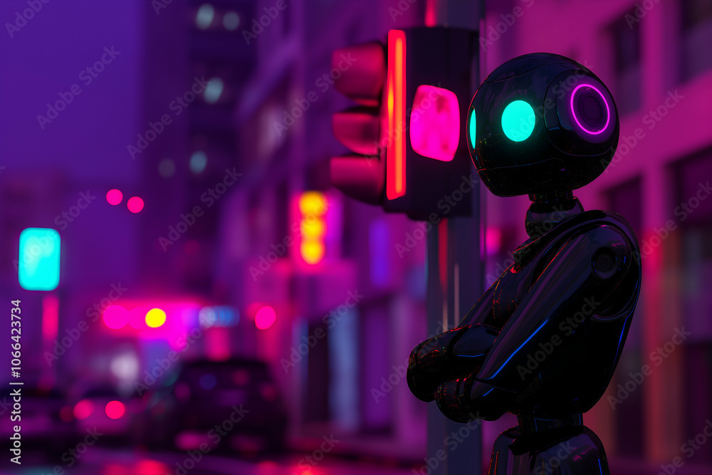 Ai controlled robot stands with its arms crossed, overseeing traffic at ...