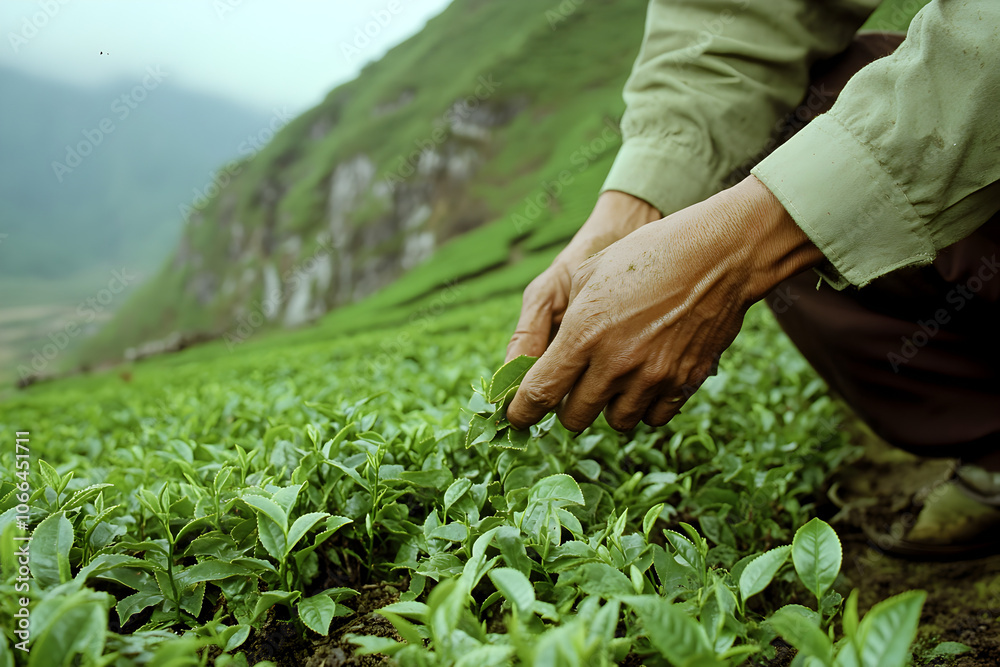 A dedicated gardener carefully picks the tender tops of green tea ...