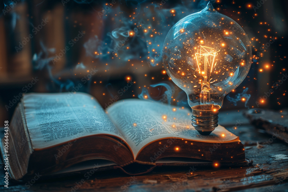 Explore innovative ideas an open book illuminated by a lightbulb sparks ...