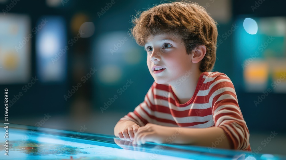 A young boy is fascinated by an exhibit in a museum, showcasing ...