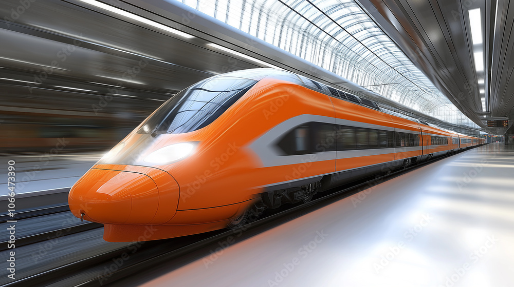 Orange high speed train in motion at modern railway station in Vienna ...