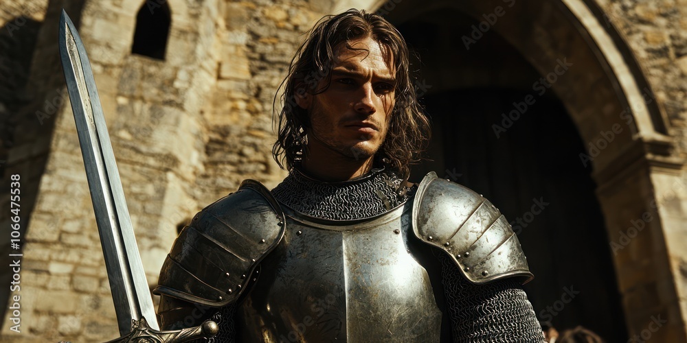 A dramatic portrait of a medieval knight in shining armor, standing ...