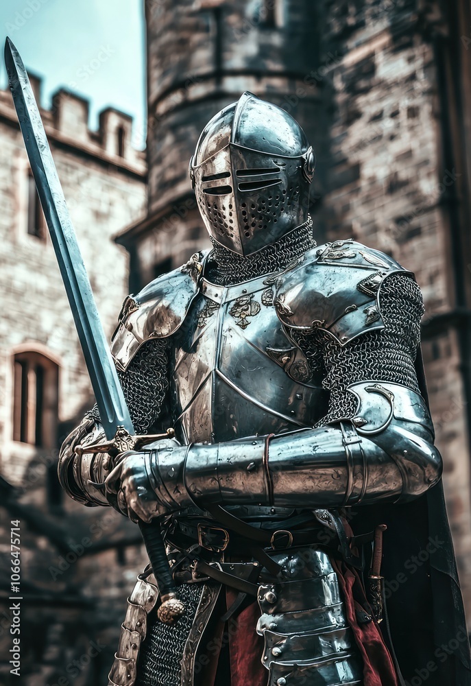 A dramatic portrait of a medieval knight in shining armor, standing ...