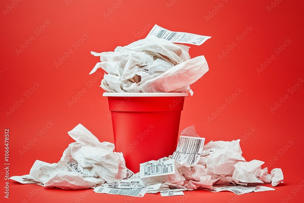 Red Trash Can Overflowing With Crumpled Paper - Recycling and Waste ...