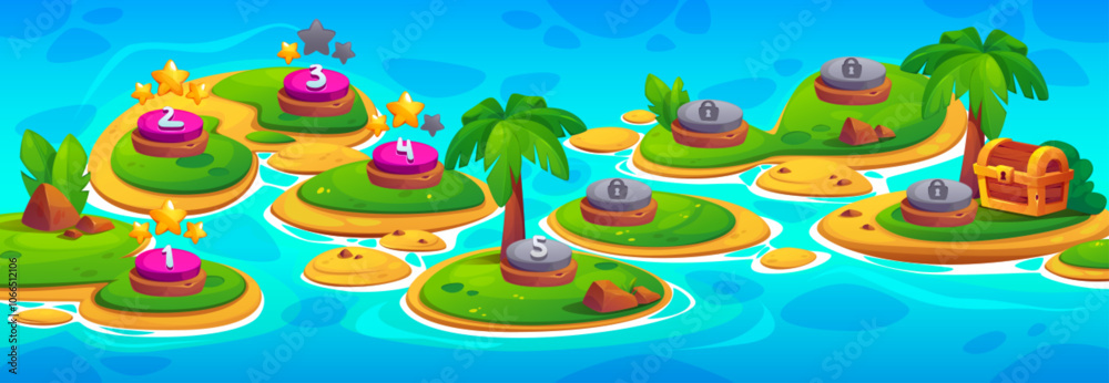 Game levels map with floating tropical islands in sea or ocean water ...