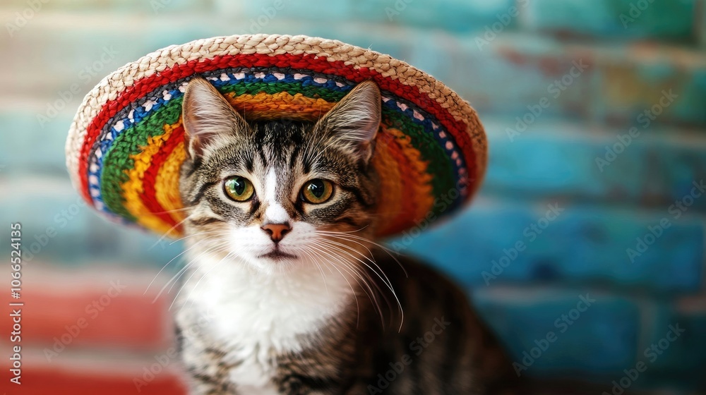 Mexican cat wearing a traditional sombrero hat adds a playful touch to ...