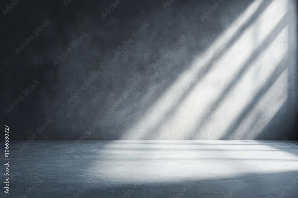 Minimalist room with rough concrete walls, light gray floor, and a thin ...