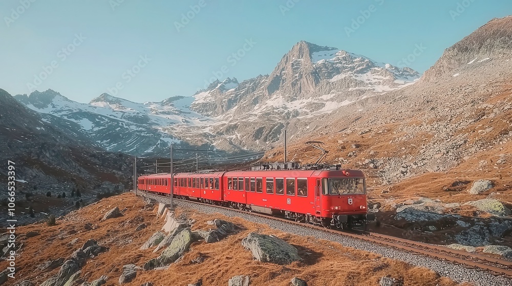 Alpine Journey, vibrant red train traversing the stunning Swiss Alps ...