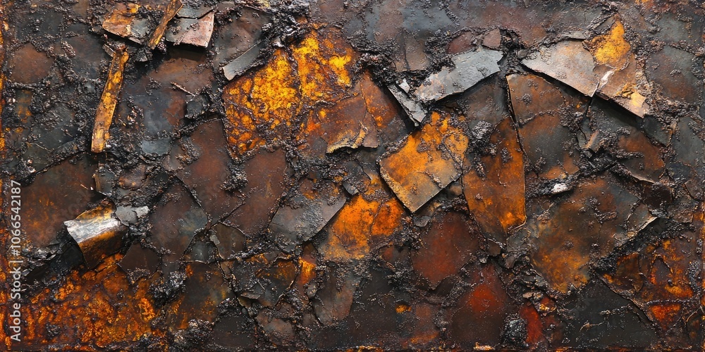 A close up view reveals a corroded metal surface featuring fragments of ...