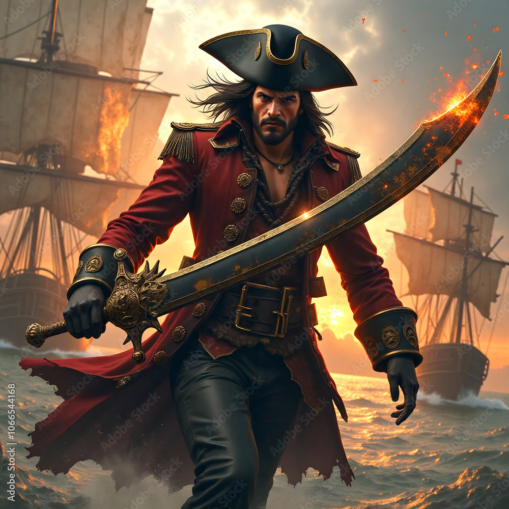 Grim pirate captain with a magical burning sword landing to a coast ...