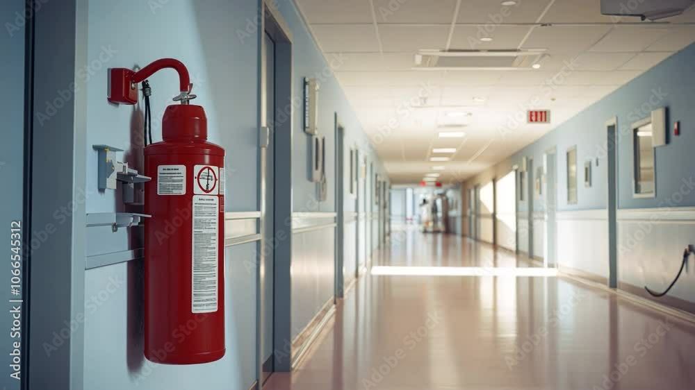 Hospital Corridor Safety: A red fire extinguisher hangs on the wall in ...