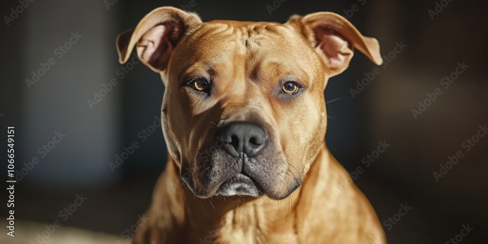 A close-up of an XL bully in an alert stance, ears forward and eyes ...