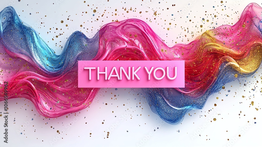 Thank you - greeting card. 3 D abstract pink blue gold metallic waves ...