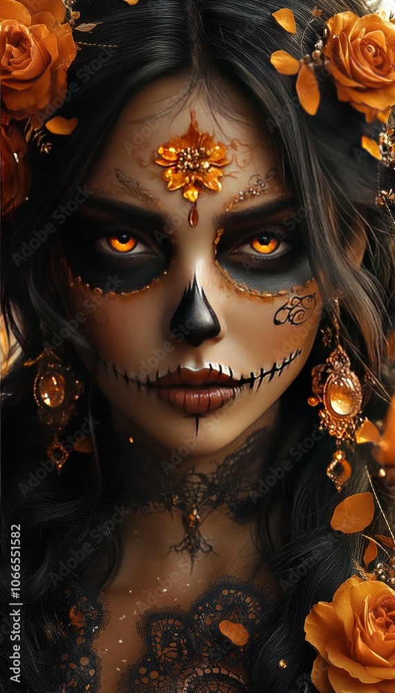 woman's face is painted in the Calavera Catrina style, featuring sugar ...