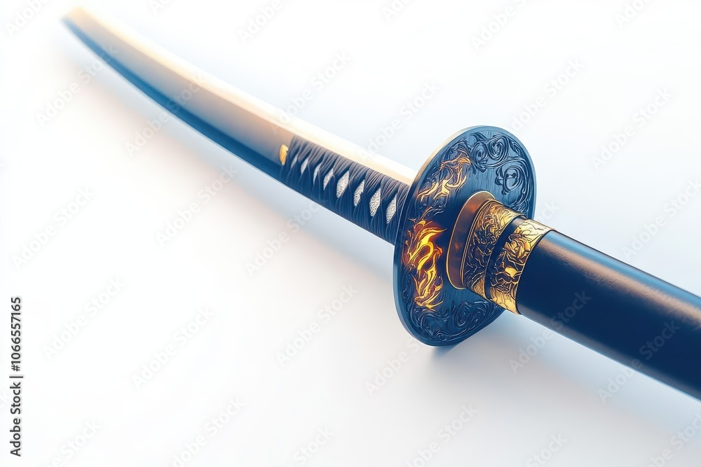 Close-up of a traditional Japanese katana showcasing intricate details ...