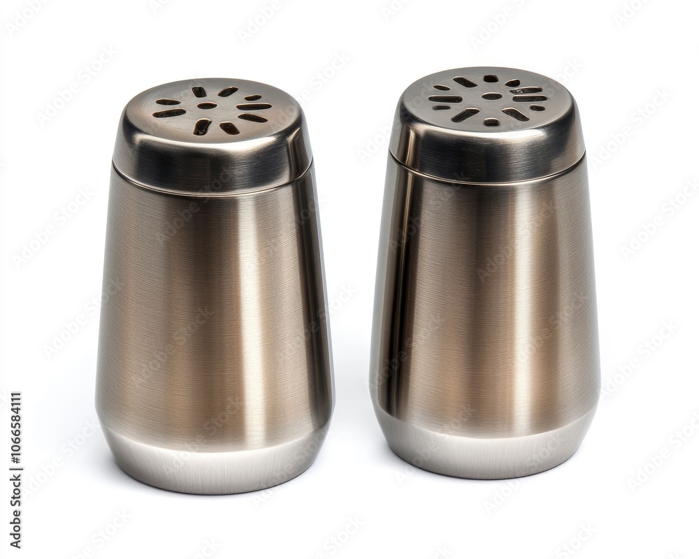 Poster Print Pair of shiny metal salt and pepper shakers. 40x30 cm