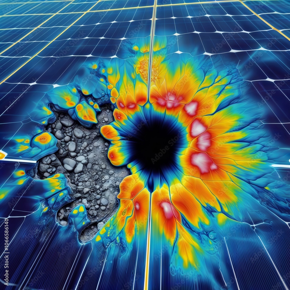 Solar Panel Damage. Abstract image of a damaged solar panel, showing a ...