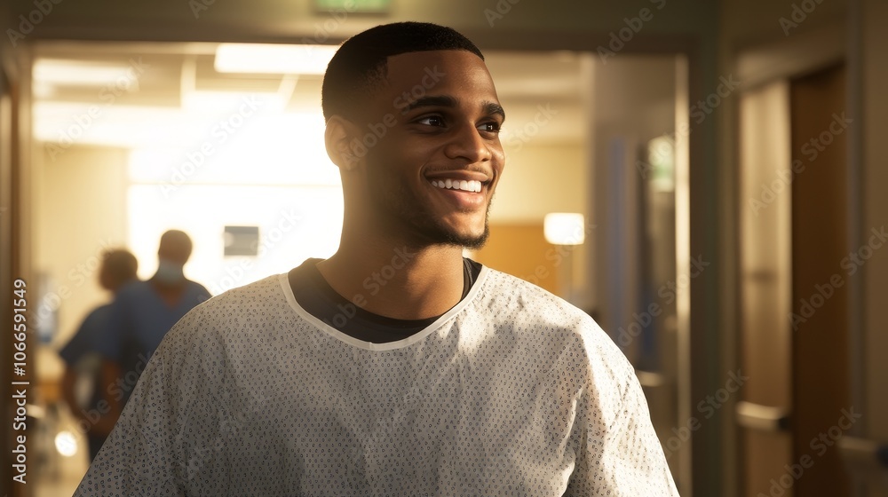 Smiling patient leaving hospital with relief and gratitude, symbolizing ...