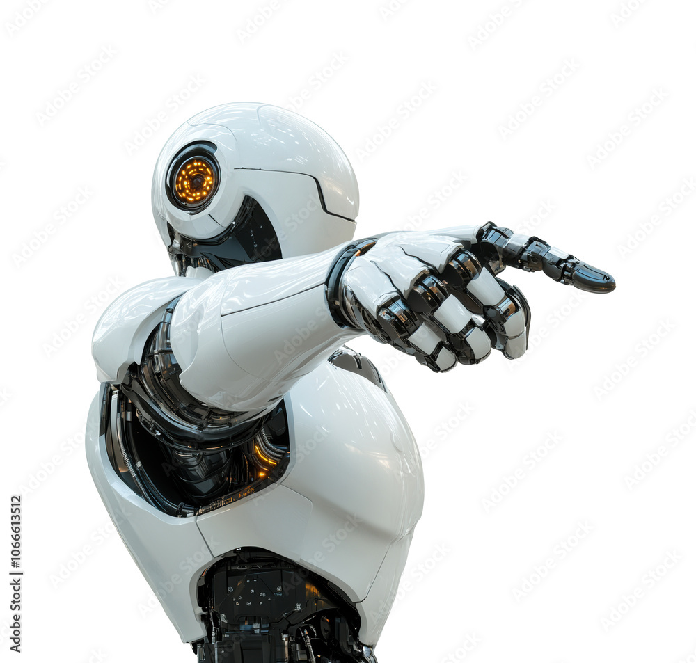 Retro-style robot pointing finger forward, metallic android with rounded features, classic ...