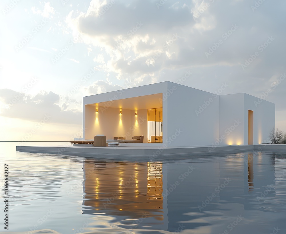 Beige socializing area on calm waters in a modern home with white walls ...