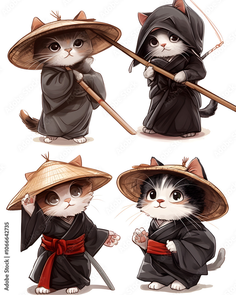 Cute Cartoon Cat Characters Dressed As Japanese Samurai Warriors With ...